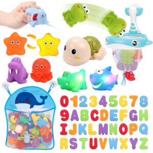 kaekid baby bath toys, 36 foam bath letters & numbers, light up bathtub toys, water spray & squeeze bath set with fishing net & organizer bag, bath water toys for kids toddlers gifts 18 months