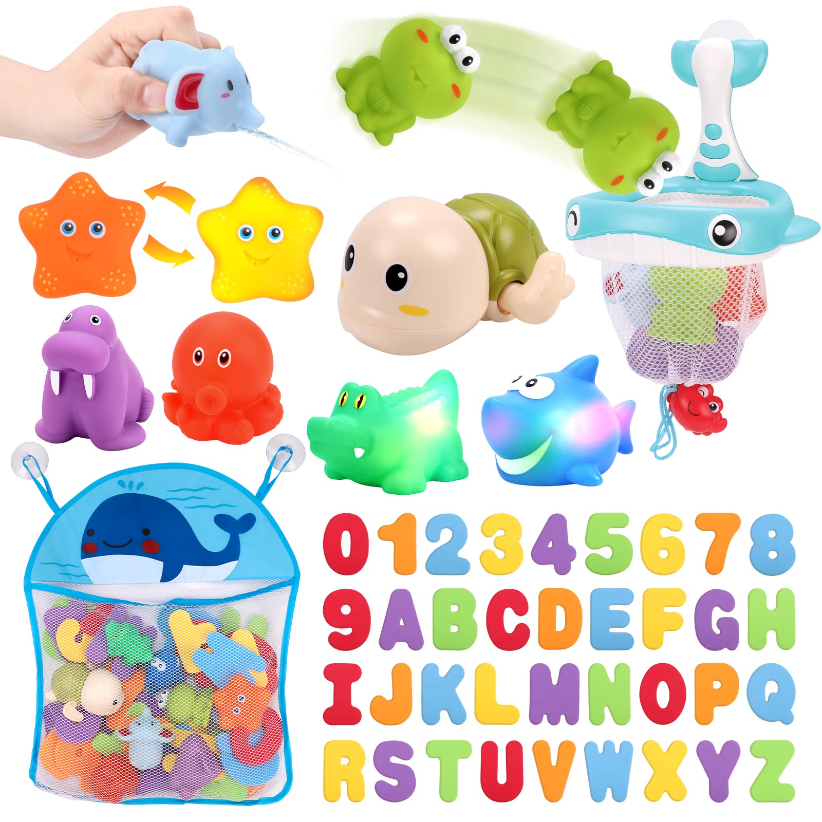 KaeKid Baby Bath Toys, 36 Foam Bath Letters & Numbers, Light up Bathtub Toys, Water Spray & Squeeze Bath Set with Fishing Net & Organizer Bag, Bath Water Toys for Kids Toddlers Gifts 18 Months