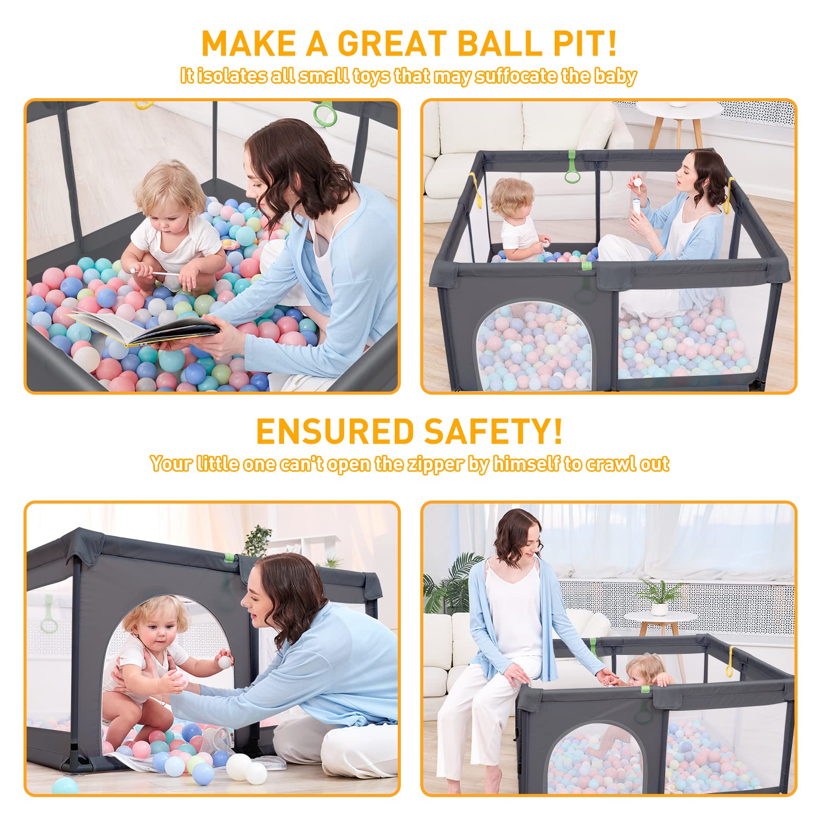 Baby Playpen 51-Inch Large Playyard for Toddler - Reliable Kids Activity Center for Infant, Sturdy Safety Playpen with Thickened Pipes+ Anti-Slip Suckers+Soft Breathable Mesh(Dark Gray, 51-Inch)