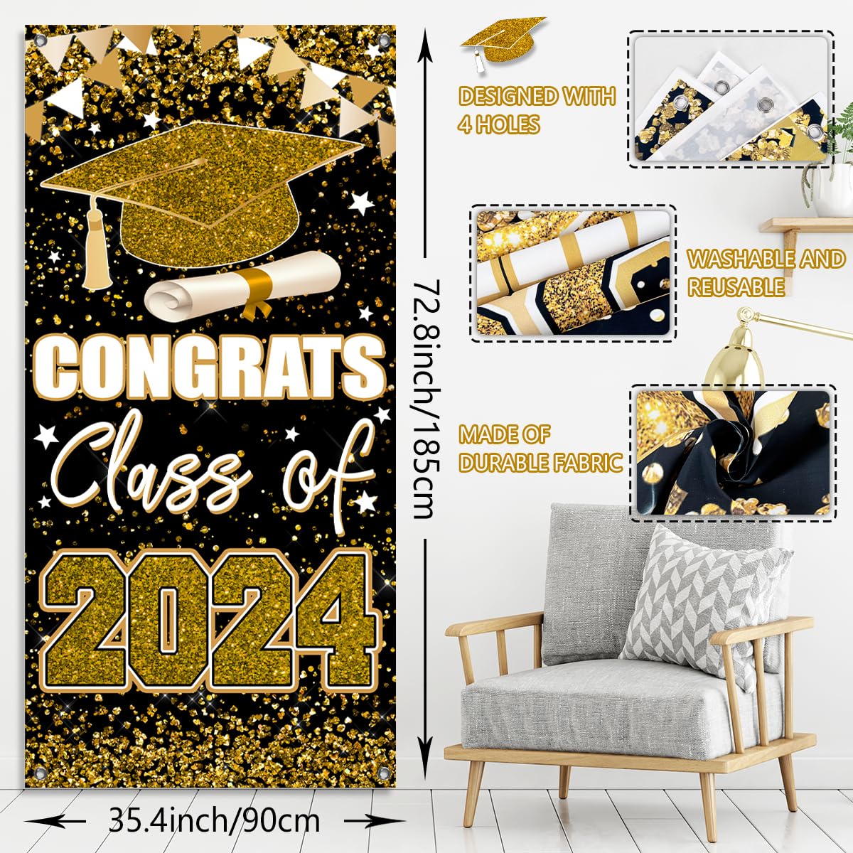 Gold Class of 2024 Banner Gold Graduation Party Decorations Class of 2024 Door Banner for Indoor/Outdoor High School Congrats Grad Party Supplies