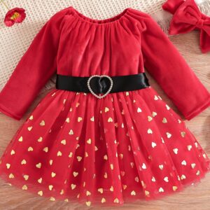 Spring hue Infant Toddler Girls Valentines Day Dress Outfit Love Heart Printed Velvet Long Sleeve Belted Tulle Dress A red 18-24 Months