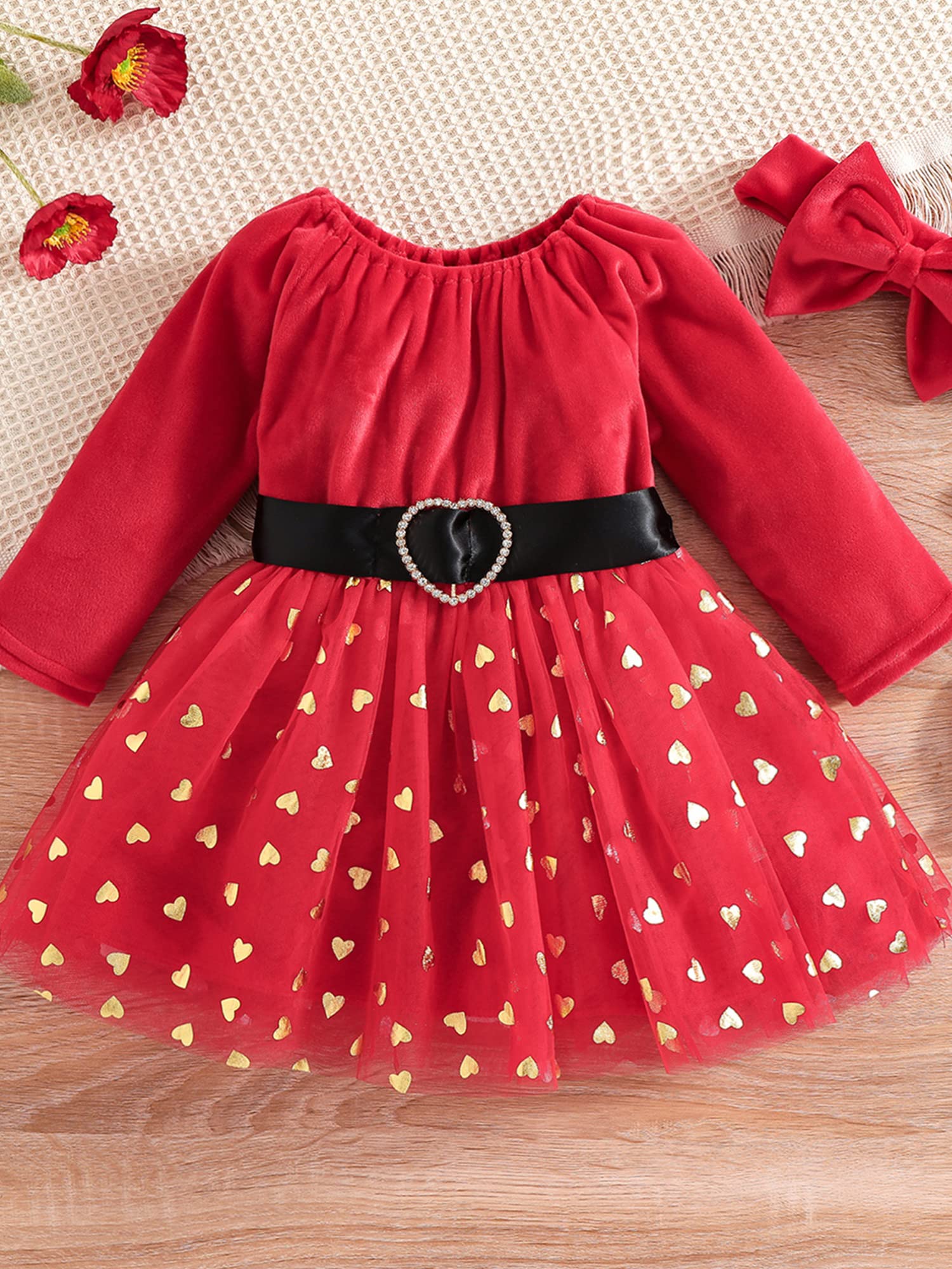 Spring hue Infant Toddler Girls Valentines Day Dress Outfit Love Heart Printed Velvet Long Sleeve Belted Tulle Dress A red 18-24 Months