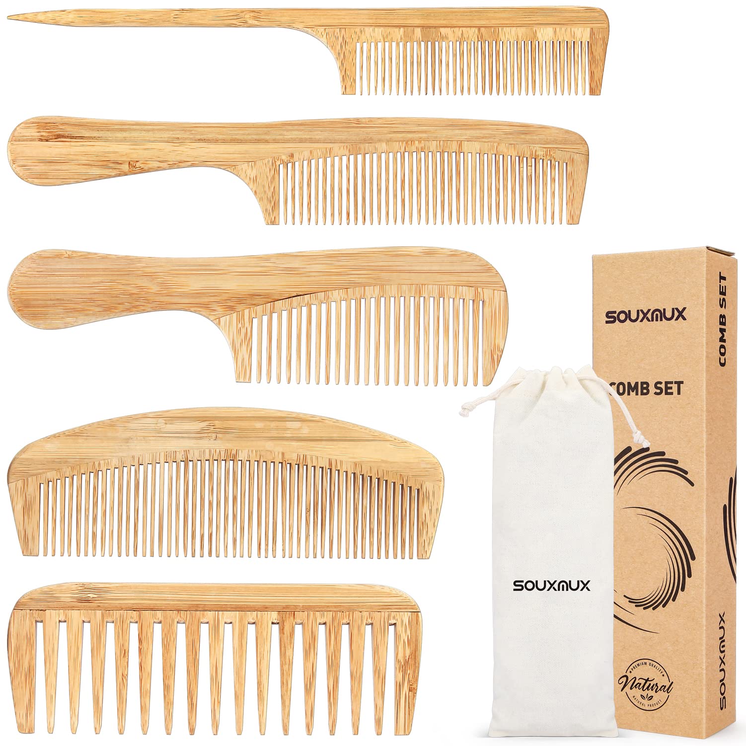 5 Pcs Natural Handmade Bamboo Anti-Static Combs Set - Wide Tooth, Rat Tail and Fine Tooth for Long, Short, Thick, Thin, Wavy or Curly Hair Detangling (Natural)