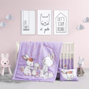 Little Grape Land 4 Piece Crib Bedding Set, Crib Sheet, Crib Skirt, Baby Quilt and Pillow Cover, Nursery Bedding Set, Baby Comforter Set for Toddler, Kids, Boys and Girls, Purple Rabbit