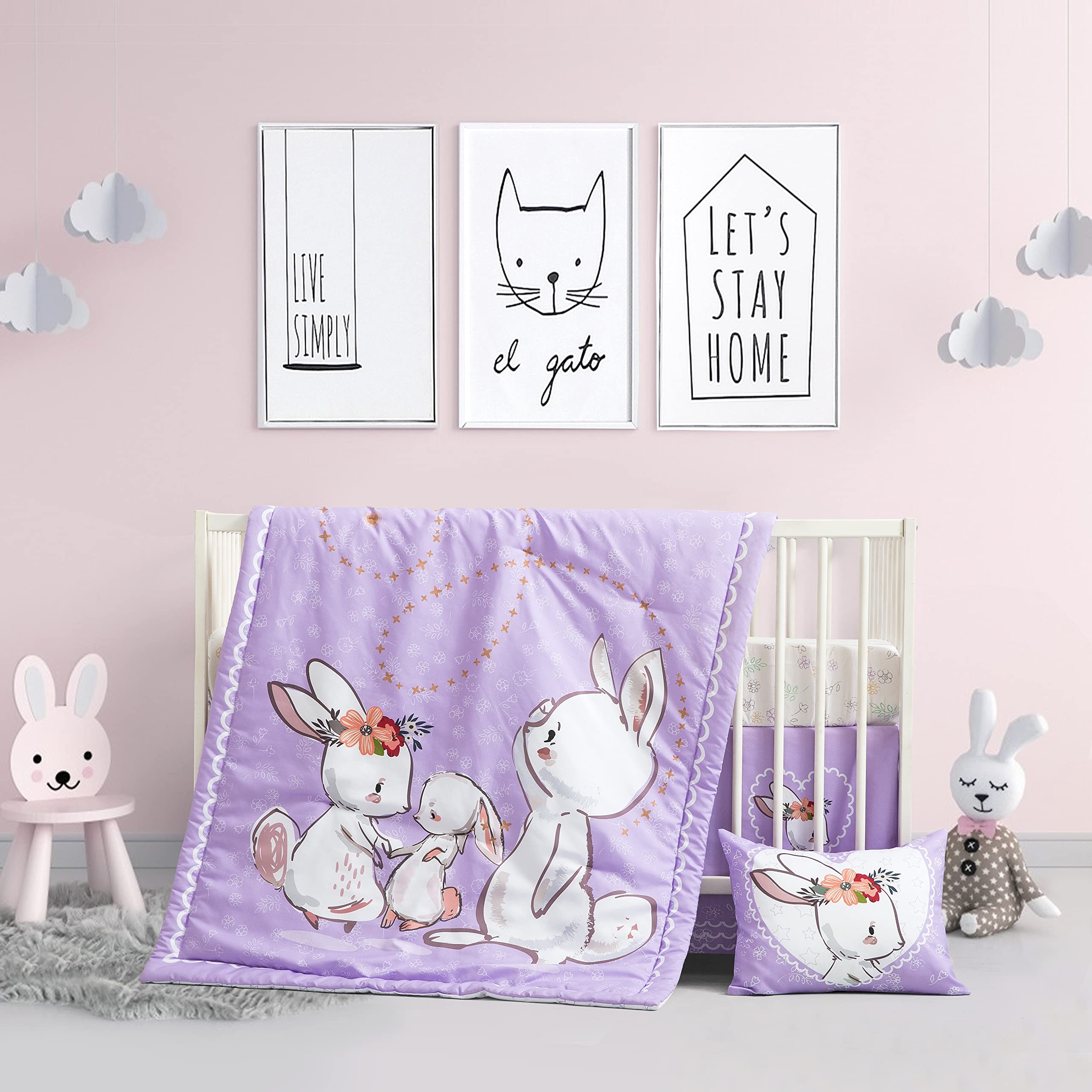 Little Grape Land 4 Piece Crib Bedding Set, Crib Sheet, Crib Skirt, Baby Quilt and Pillow Cover, Nursery Bedding Set, Baby Comforter Set for Toddler, Kids, Boys and Girls, Purple Rabbit