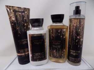 into the night 4 piece gift set 1-10 oz shower gel, 1-8 oz body cream, 1-8 oz fine fragrance mist, 1-8 oz body lotion