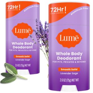 lume whole body deodorant - smooth solid stick - 72 hour odor control - aluminum free, baking soda free and skin safe - 2.6 ounce (pack of 2) (lavender sage)