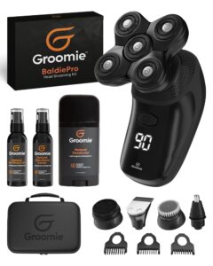 groomie crispy af, shaving & grooming kit for bald men - set includes baldiepro electric razor, pre-shave oil, aftershave, deodorant & travel carrying case - all-in-one head shaver kits for men