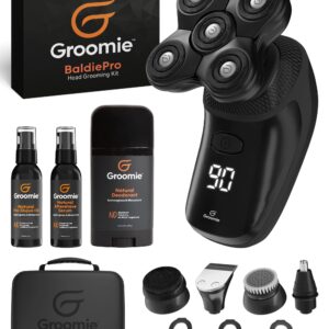 Groomie Crispy AF, Shaving & Grooming Kit for Bald Men - Set Includes BaldiePro Electric Razor, Pre-Shave Oil, Aftershave, Deodorant & Travel Carrying Case - All-in-One Head Shaver Kits for Men