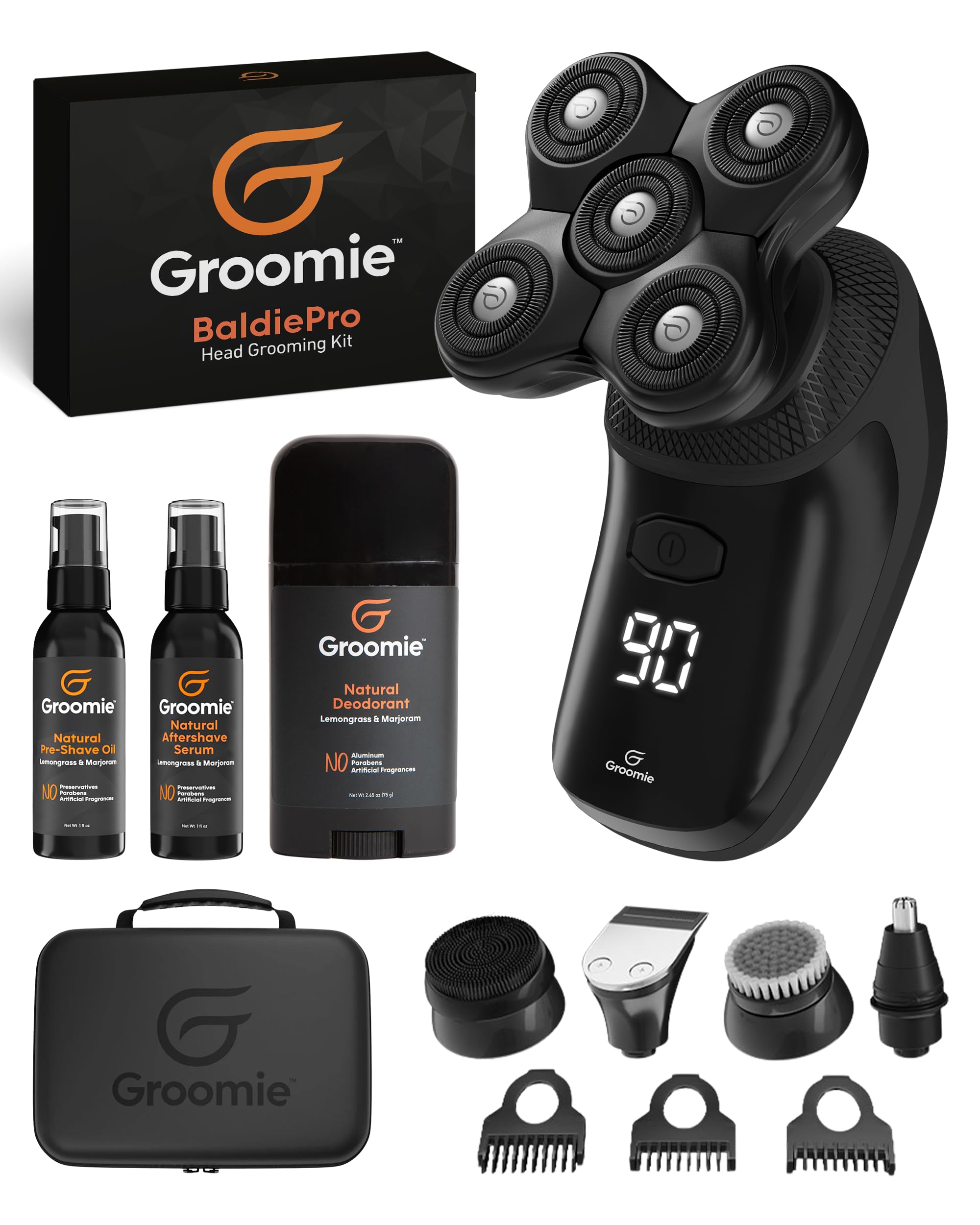 Groomie Crispy AF, Shaving & Grooming Kit for Bald Men - Set Includes BaldiePro Electric Razor, Pre-Shave Oil, Aftershave, Deodorant & Travel Carrying Case - All-in-One Head Shaver Kits for Men