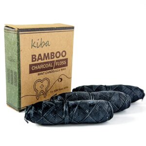 kiba bamboo charcoal floss 3 piece refill set (3 x 30m dental floss refills) - eco friendly floss w/candelilla wax - mint - vegan