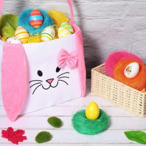 NUFR 2 Pcs Easter Bunny Basket Egg Bags, Easter Rabbit Canvas Tote Bag with Handle and Fluffy Ears for Kids Boys Girls, Easter Bunny Bag Bucket for Eggs Hunting, Candy, Pink+Blue