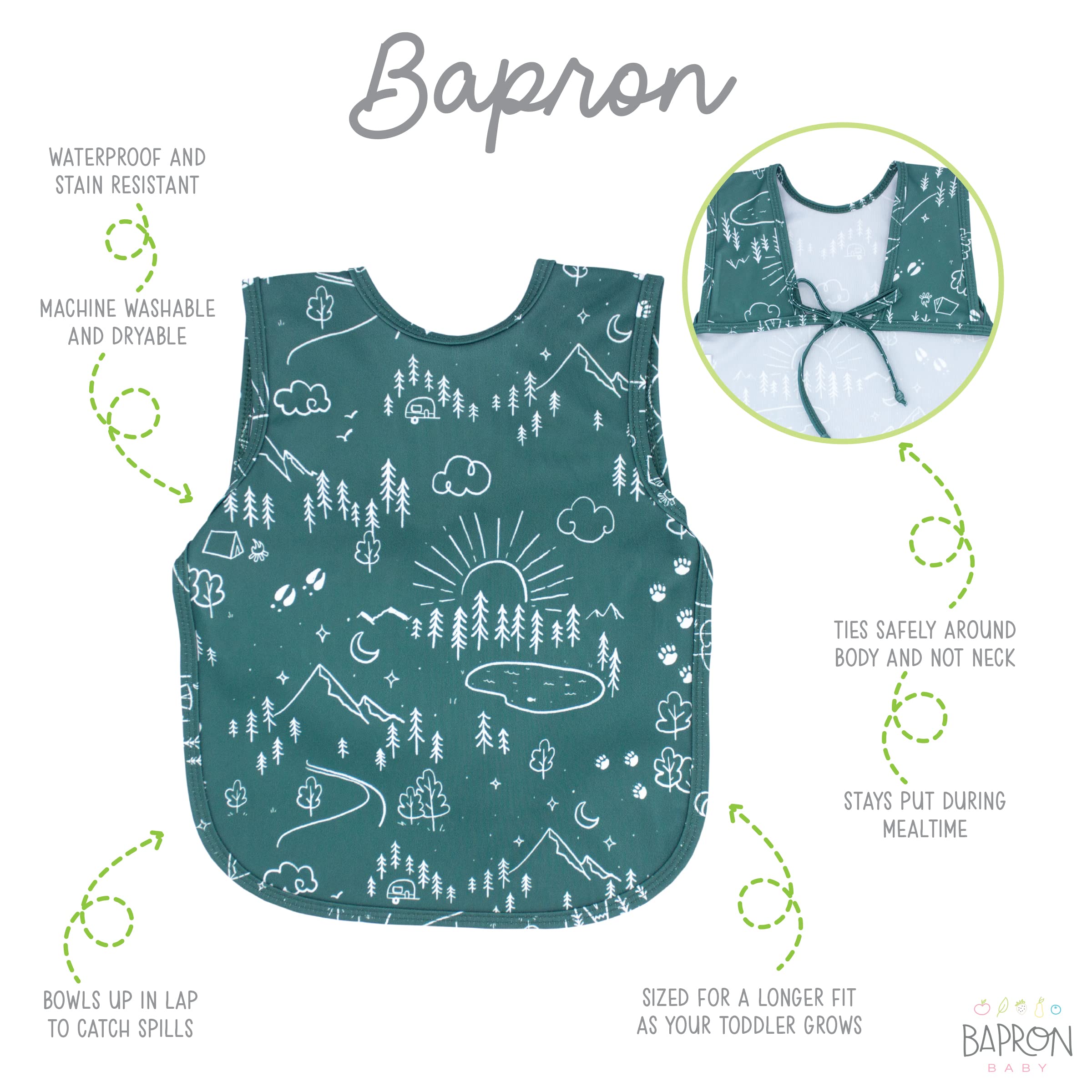 BapronBaby Pine Forest Bapron - No Neck Tie Safer Bib for Baby & Toddler - Soft Waterproof Stain Resistant - Machine Washable - Sz Preschool 3-5yrs