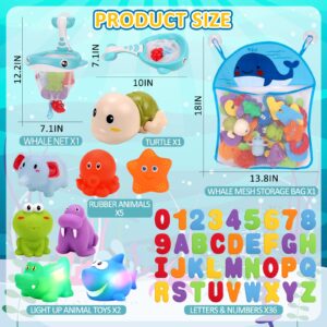 KaeKid Baby Bath Toys, 36 Foam Bath Letters & Numbers, Light up Bathtub Toys, Water Spray & Squeeze Bath Set with Fishing Net & Organizer Bag, Bath Water Toys for Kids Toddlers Gifts 18 Months