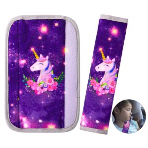 bienbee car seat belt covers for kids 2 packs seat belt cushion unicorn car seat straps covers cute seatbelt shoulder pads neck shoulder support seat belt pillow for girls boys purple