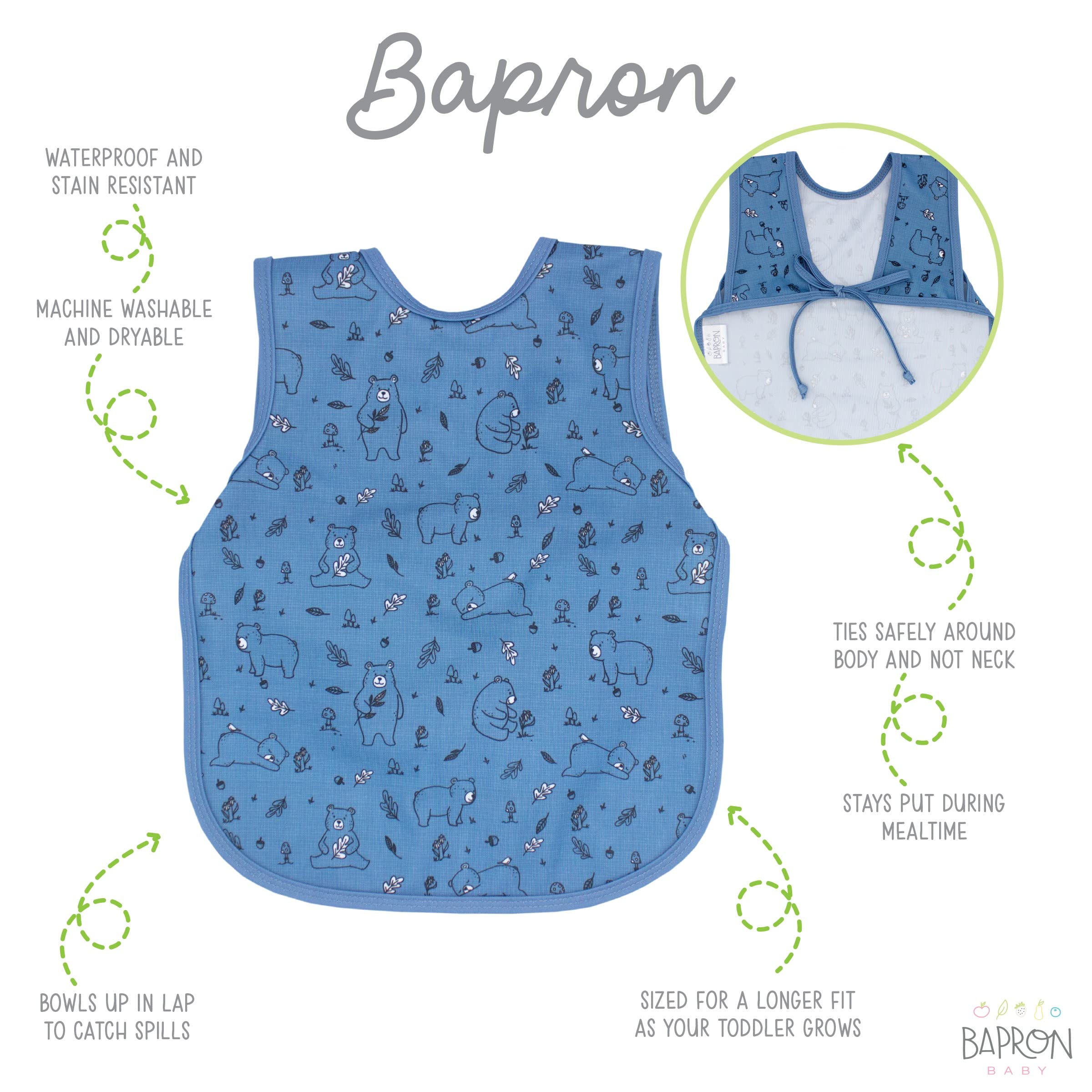 BapronBaby Bears in Blue Bapron - No Neck Tie Safer Bib for Baby & Toddler - Soft Waterproof Stain Resistant - Machine Washable - Sz Baby/Toddler 6m-3T