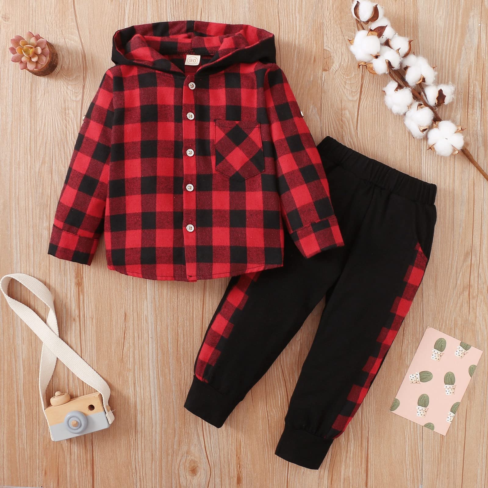 ODASIRA Toddler Baby Boy Clothes Long Sleeve Hoodie Outfits Fall Winter Plaid Shirts + Pants 2PCS Set Red 2-3 Years Old 110cm