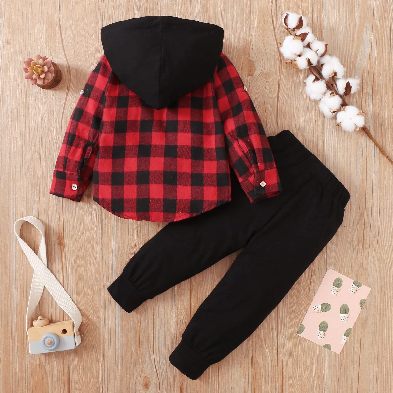 ODASIRA Toddler Baby Boy Clothes Long Sleeve Hoodie Outfits Fall Winter Plaid Shirts + Pants 2PCS Set Red 2-3 Years Old 110cm