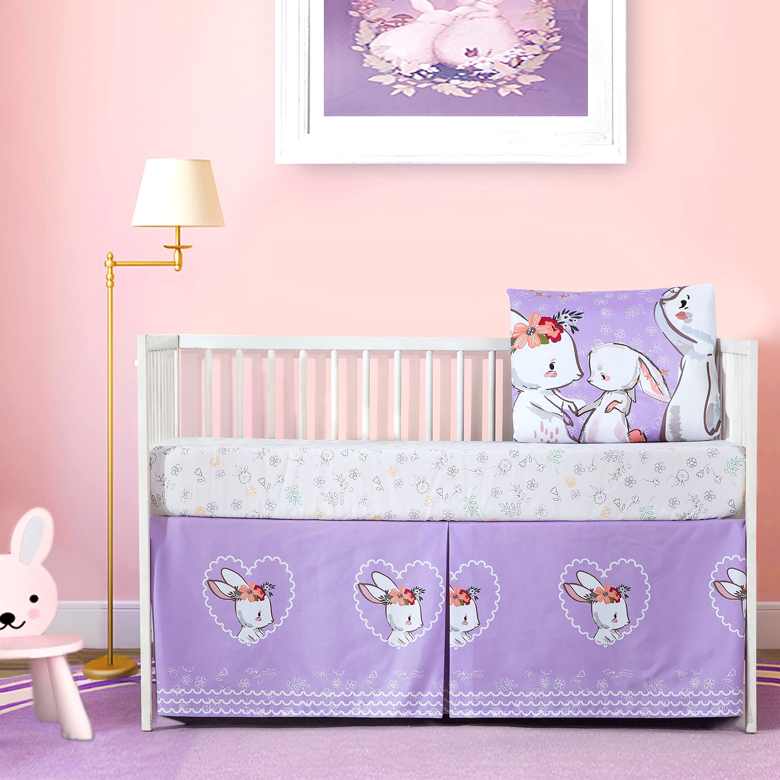 Little Grape Land 4 Piece Crib Bedding Set, Crib Sheet, Crib Skirt, Baby Quilt and Pillow Cover, Nursery Bedding Set, Baby Comforter Set for Toddler, Kids, Boys and Girls, Purple Rabbit