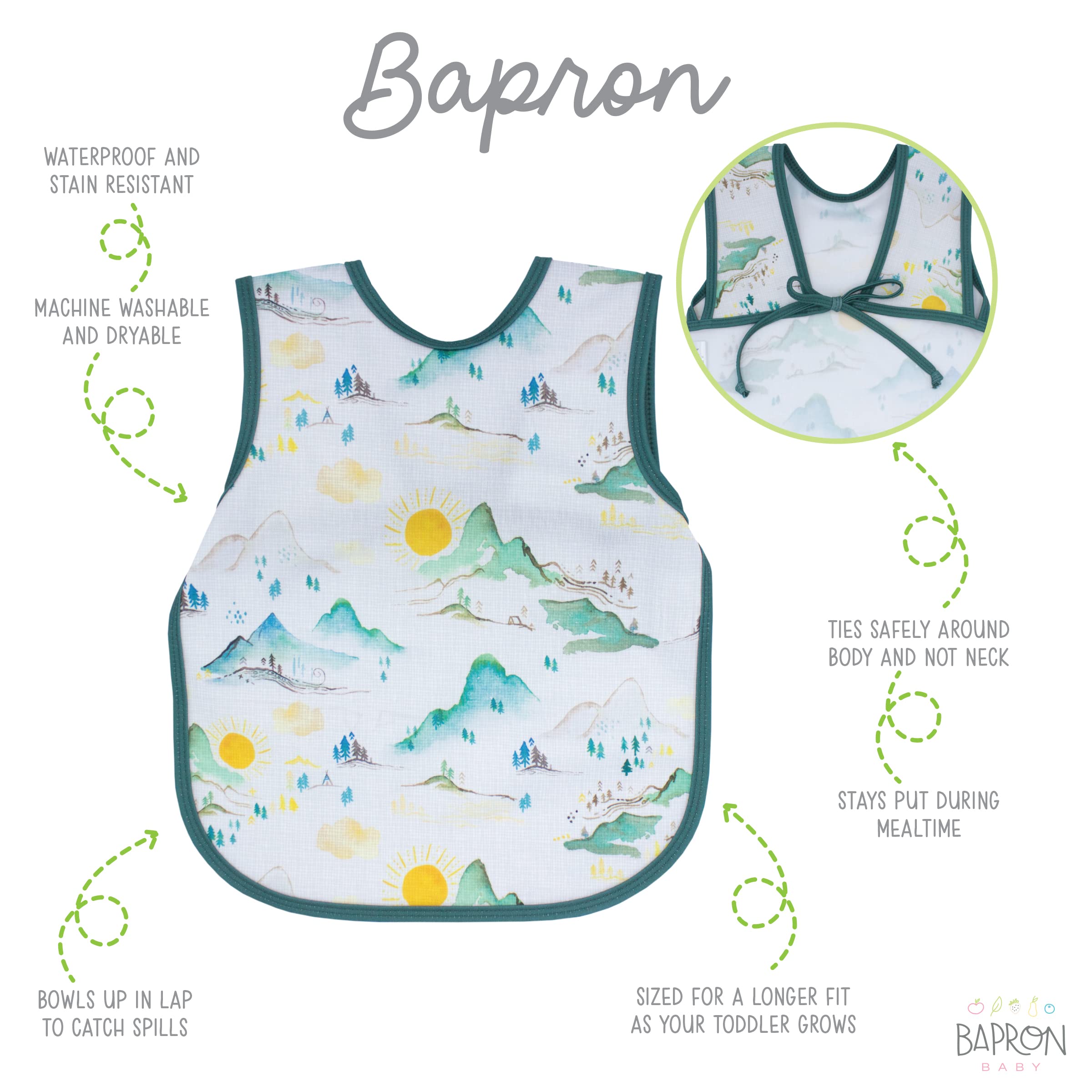 BapronBaby Mountain Mist Bapron - No Neck Tie Safer Bib for Baby & Toddler - Soft Waterproof Stain Resistant - Machine Washable - Sz Baby/Toddler 6m-3T