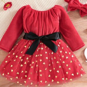 Spring hue Infant Toddler Girls Valentines Day Dress Outfit Love Heart Printed Velvet Long Sleeve Belted Tulle Dress A red 18-24 Months