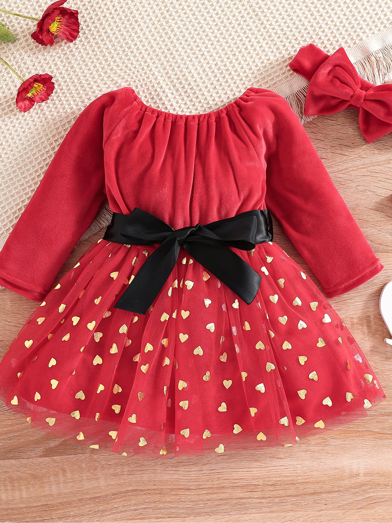 Spring hue Infant Toddler Girls Valentines Day Dress Outfit Love Heart Printed Velvet Long Sleeve Belted Tulle Dress A red 18-24 Months