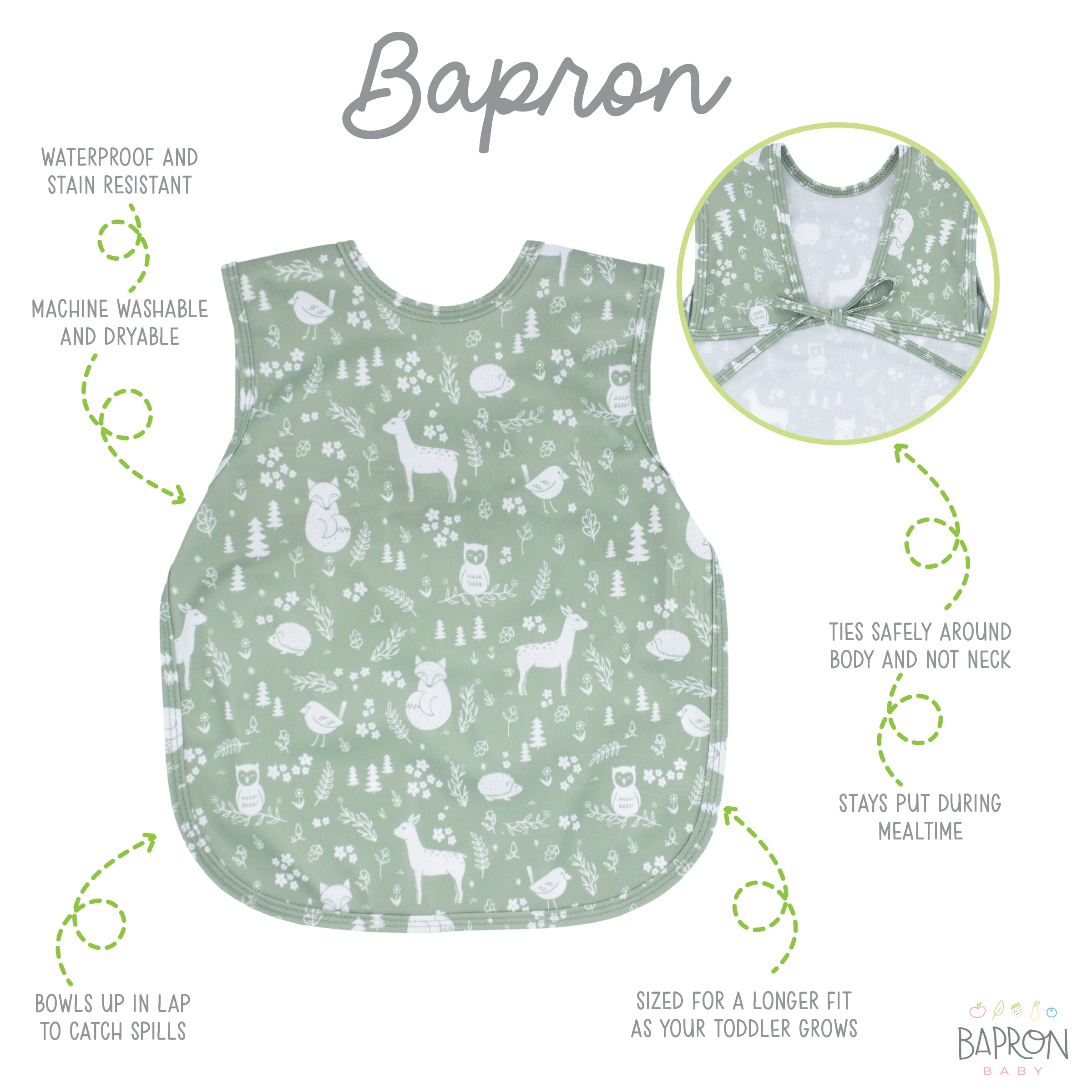 BapronBaby Forest Friends Bapron - No Neck Tie Safer Bib for Baby & Toddler - Soft Waterproof Stain Resistant - Machine Washable - Sz Baby/Toddler 6m-3T