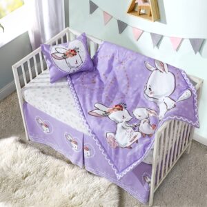 little grape land 4 piece crib bedding set, crib sheet, crib skirt, baby quilt and pillow cover, nursery bedding set, baby comforter set for toddler, kids, boys and girls, purple rabbit