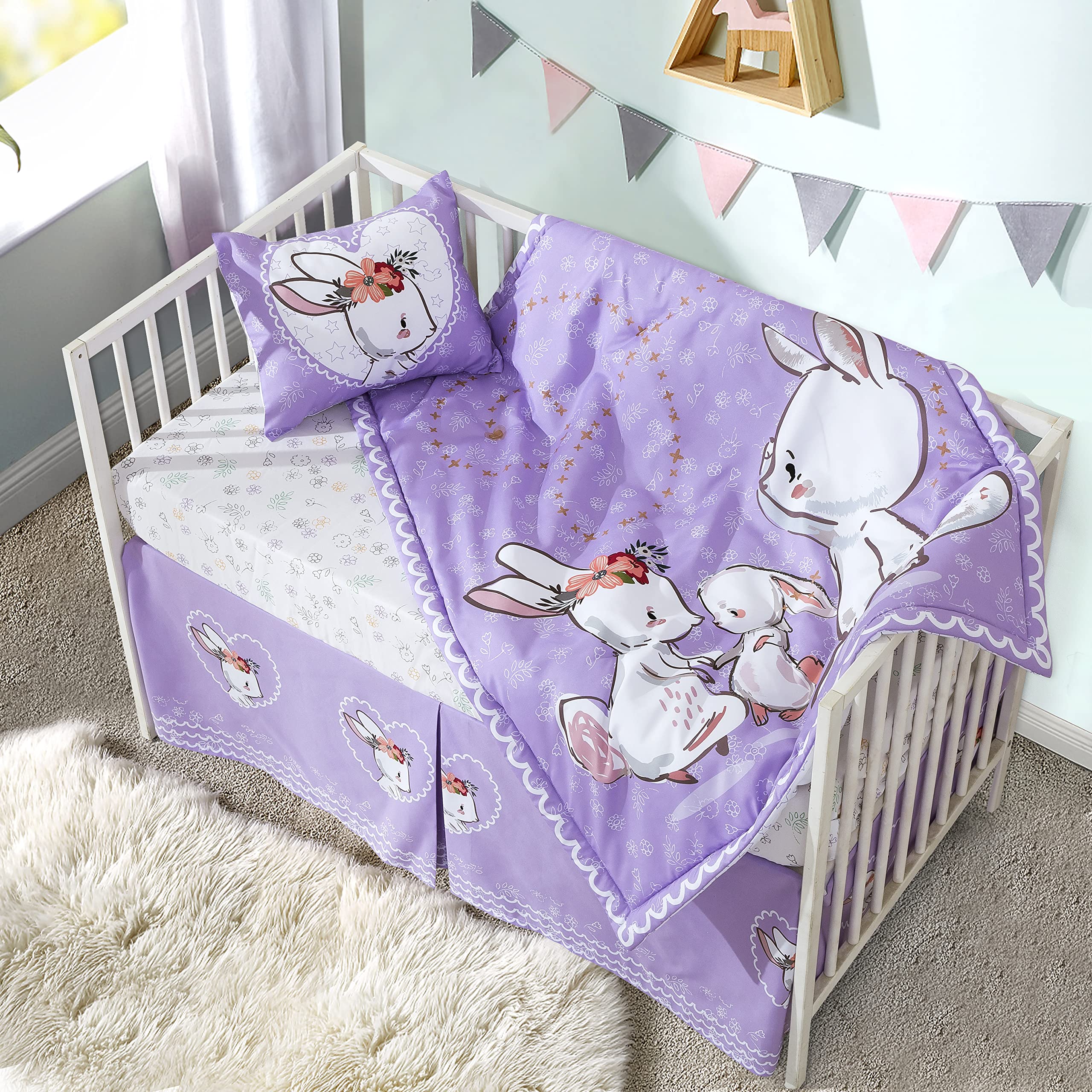 Little Grape Land 4 Piece Crib Bedding Set, Crib Sheet, Crib Skirt, Baby Quilt and Pillow Cover, Nursery Bedding Set, Baby Comforter Set for Toddler, Kids, Boys and Girls, Purple Rabbit