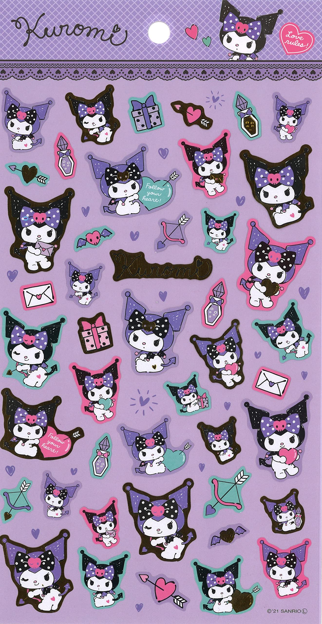 Sanrio Kuromi Pet Sticker Seal 1 Sheets 47 Pcs Decorative Scrapbooking Supplies Stationery (Cupid of Love)