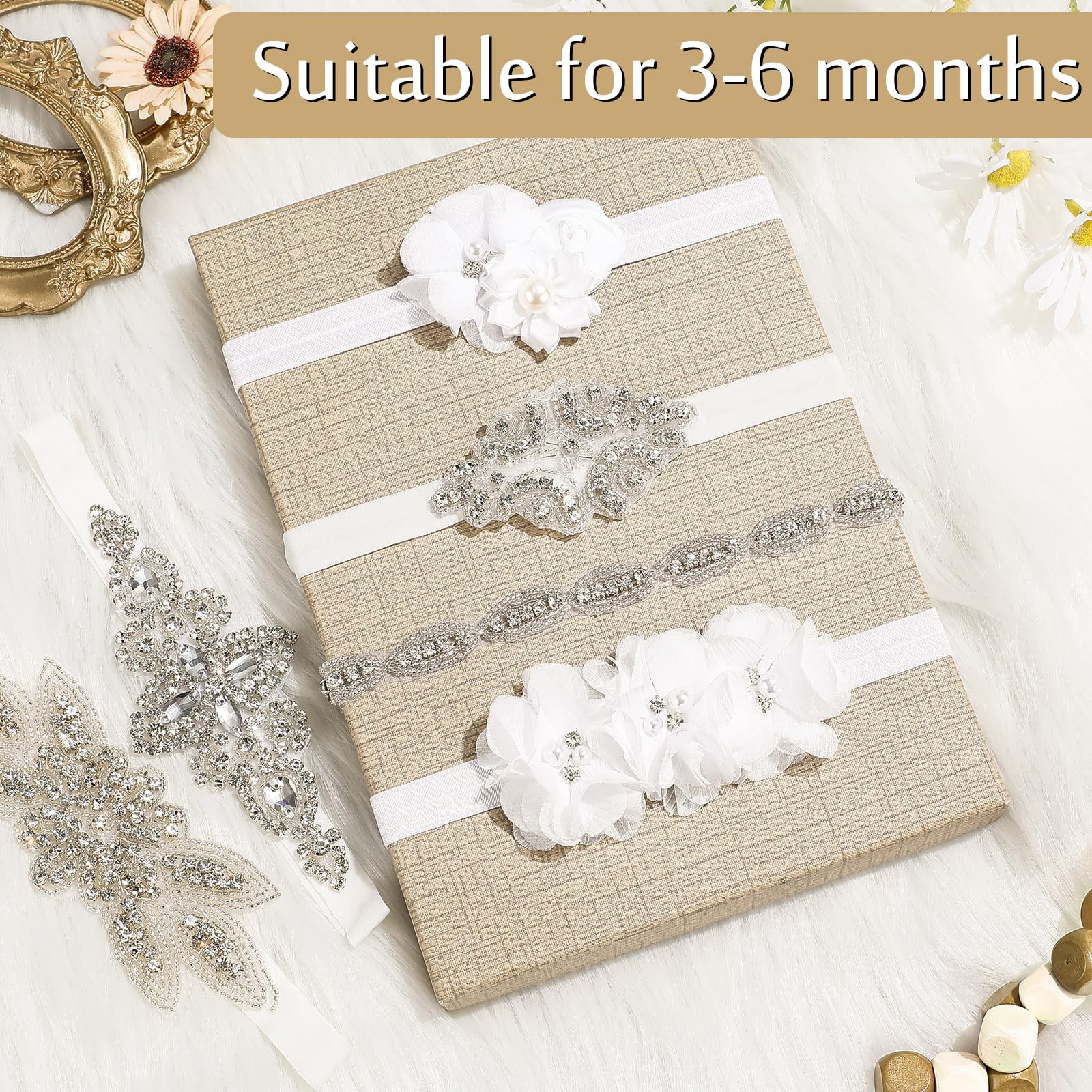 Juinte 6 Pcs White Baptism Headband for Baby Girl Toddler Elastic Chiffon Flower Crystal Lace Headbands Christening White Baby Baptism Headband Gifts Birthday Baby Shower Party (3-6 Months)