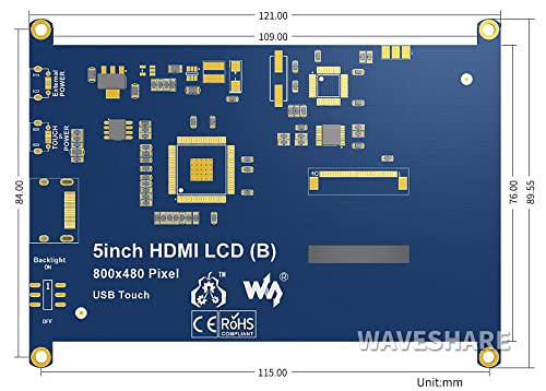 waveshare 5" 800×480 Resistive Touch Screen LCD TFT Monitor for Raspberry Pi 4B/3B+/3B/2B/A+/Zero/Zero W/WH, PC Windows 10/8.1/8/7, Driver Free