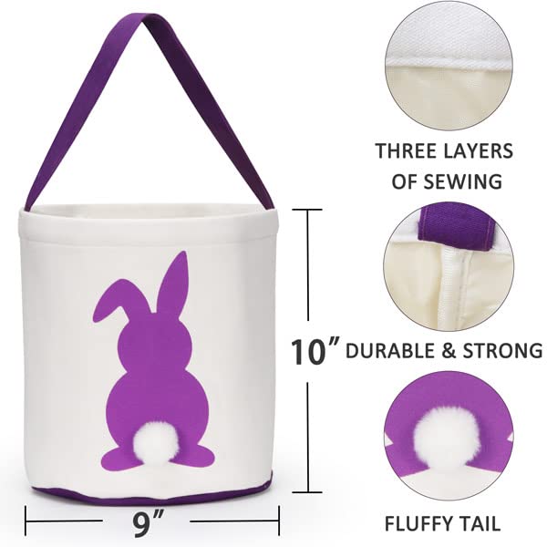 Sunboom 3 Pack Easter Baskets for Kids Empty, Easter Egg Hunt Basket with Handle - Easter Bunny Baskets for Boys & Girls, Canvas Fluffy Tails Rabbit Bags Buckets for Party Gifts (Pink+Blue+Purple)