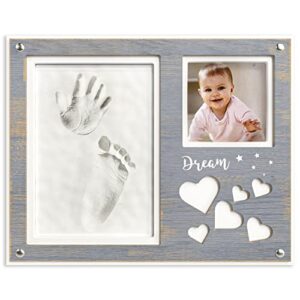 1dino premium baby handprint and footprint kit - 11.6” x 9.3" white/grey wood baby picture frame - includes 2x air-dry clay pack for baby hand and footprints - baby registry, baby shower gifts