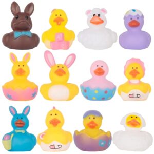 JOYIN 24pcs Easter Rubber Duckies Toys, Novelty Funny Squeeze Ducks for Easter Egg Hunt, Kids Bath Toys, Easter Basket Stuffing, Party Favor