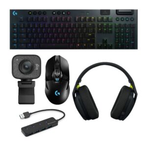 logitech g915 lightspeed wireless rgb mechanical gaming keyboard (gl tactile) bundle with gaming mouse, webcam with tripod, headset, and 4-port usb 3.0 hub (5 items)