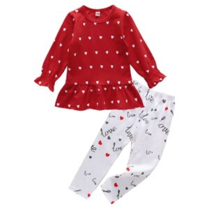 gliglittr toddler baby girls clothes set valentine's day heart print long sleeve ruffle t-shirt+pants kids 2pcs outfits (red, 4-5 t)