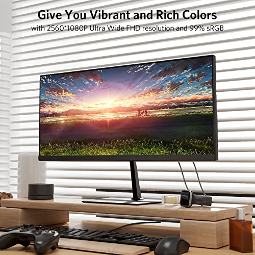 Fiodio 24'' 21:9 75Hz Computer Monitor, 2560x1080P Ultra Wide Full HD Flat Monitor with HDMI Display Ports, Adjustable Tilt, Free-Tearing Eye Care for Home Office, Gaming (DP Cable Included) (23H2F)