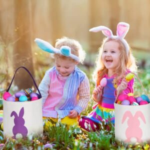 Sunboom 3 Pack Easter Baskets for Kids Empty, Easter Egg Hunt Basket with Handle - Easter Bunny Baskets for Boys & Girls, Canvas Fluffy Tails Rabbit Bags Buckets for Party Gifts (Pink+Blue+Purple)