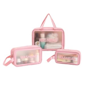 happy l clear travel bags for toiletries, 3pcs portable pvc waterproof cosmetic bags, transparent travel storage carry pouch, toiletry bags and cosmetics organizer for women men (pink)