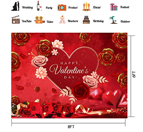 CHAIYA 8x6ft Valentine's Day Photography Backdrop Red Love Heart Romantic Red Rose Flowers Bokeh Valentine's Day Wedding Bridal Shower Party Decor Banner CY-199