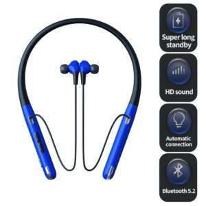 Neckband Bluetooth Headphones Wireless Earbuds 50H Continuous Working Time IPX5 Lightweight Foldable Sports Earphones with Built-in Mic HD Call Noise Cancelling for Trucker Workout (Blue), AK01-03