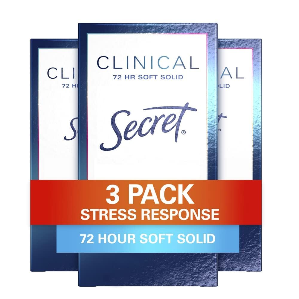 Secret Deodorant and Antiperspirant Clinical Strength for Women, Stress Response, 72hr Stress Sweat Protection, PH Balancing Minerals, Soft Solid, 1.6 oz (Pack of 3)