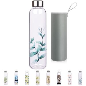 borosilicate glass water bottle with leak proof lid and protective neoprene sleeve 32oz / 16oz (leaves and flower, 32oz)