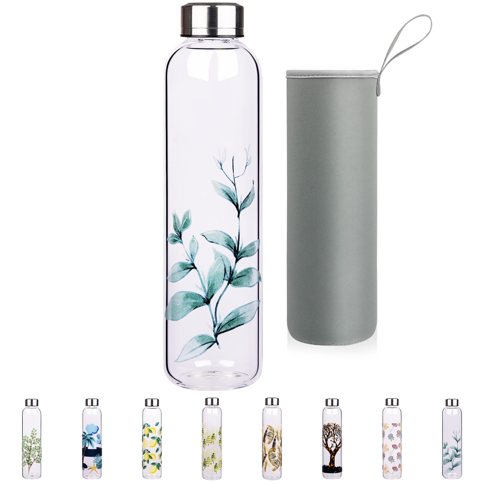 Borosilicate glass water bottle with Leak Proof Lid and Protective Neoprene Sleeve 32oz / 16oz (Leaves and Flower, 32oz)