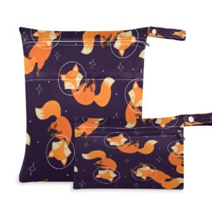 2pcs wet dry bag cute fox animal space star cloth diaper bags waterproof wet bags washable wet dry organizer pouch with two zippered pockets for swimsuits travel hiking baby stroller