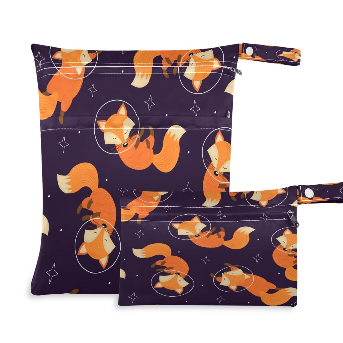 2pcs Wet Dry Bag Cute Fox Animal Space Star Cloth Diaper Bags Waterproof Wet Bags Washable Wet Dry Organizer Pouch with Two Zippered Pockets for Swimsuits Travel Hiking Baby Stroller