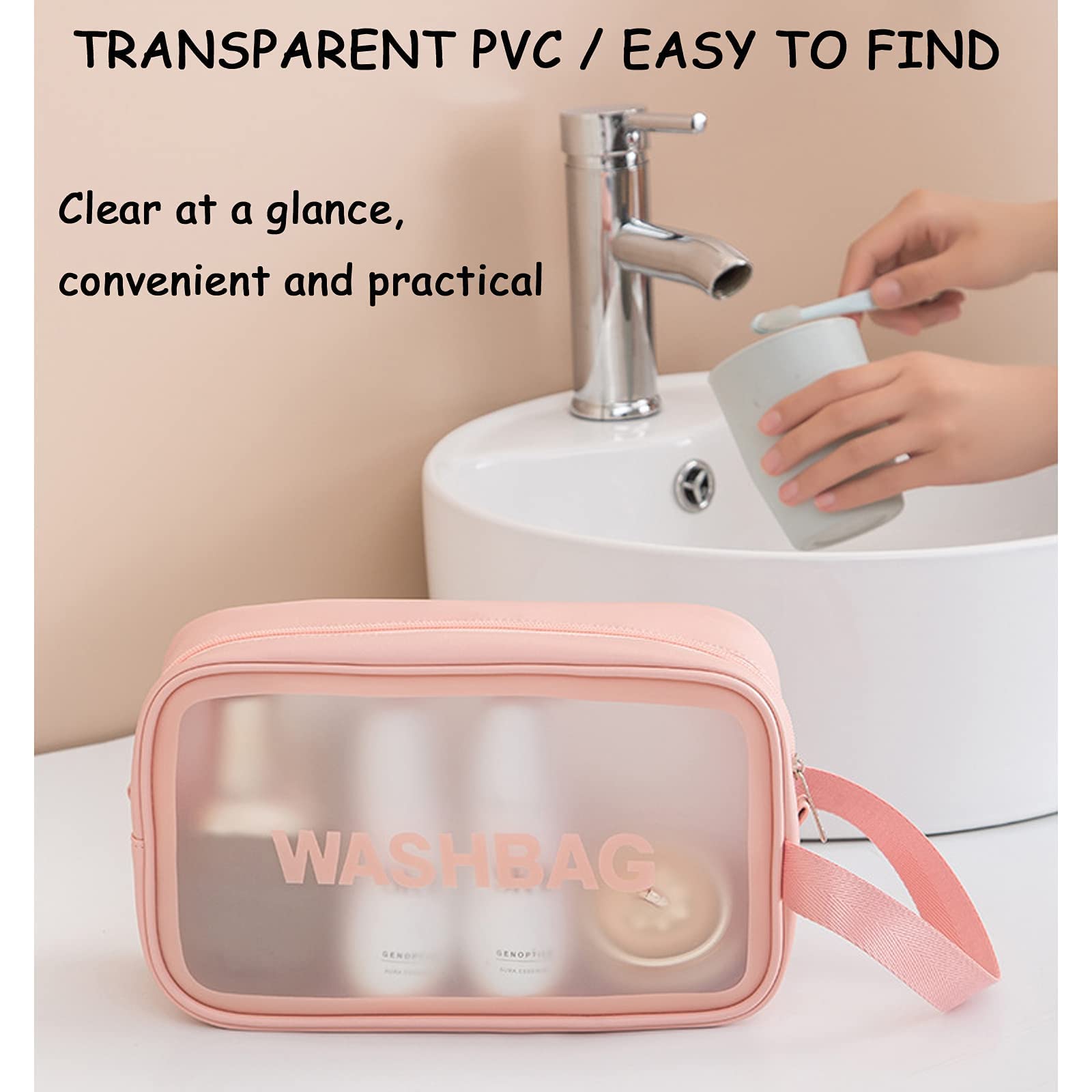 Happy L Clear Travel Bags for Toiletries, 3Pcs Portable PVC Waterproof Cosmetic Bags, Transparent Travel Storage Carry Pouch, Toiletry Bags and Cosmetics Organizer for Women Men (Pink)