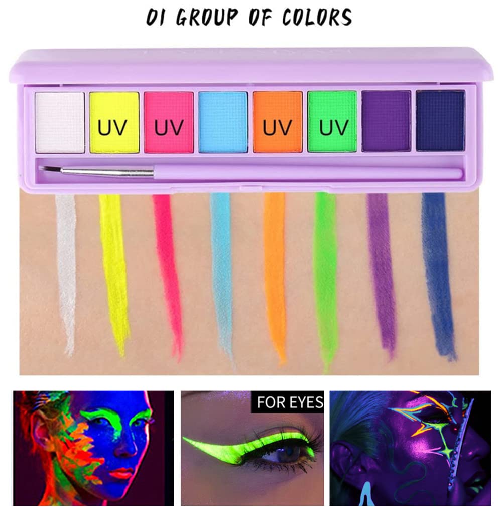 Go Ho 8 Colors Water Activated Eyeliner Palette,High Pigment Bright Vibrant Fluorescent Rainbow Colorful Eye/Face/Body Paint,Matte and UV Paint Graphic Eyeliner with Brushes-01