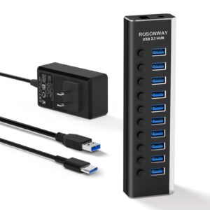 powered usb hub, rosonway 10 port usb 3.1/3.2 gen 2 hub 10gbps with 36w (12v/3a) power adapter, type a and type c cables, aluminum usb c hub splitter for pc and laptop (rsh-a10s)